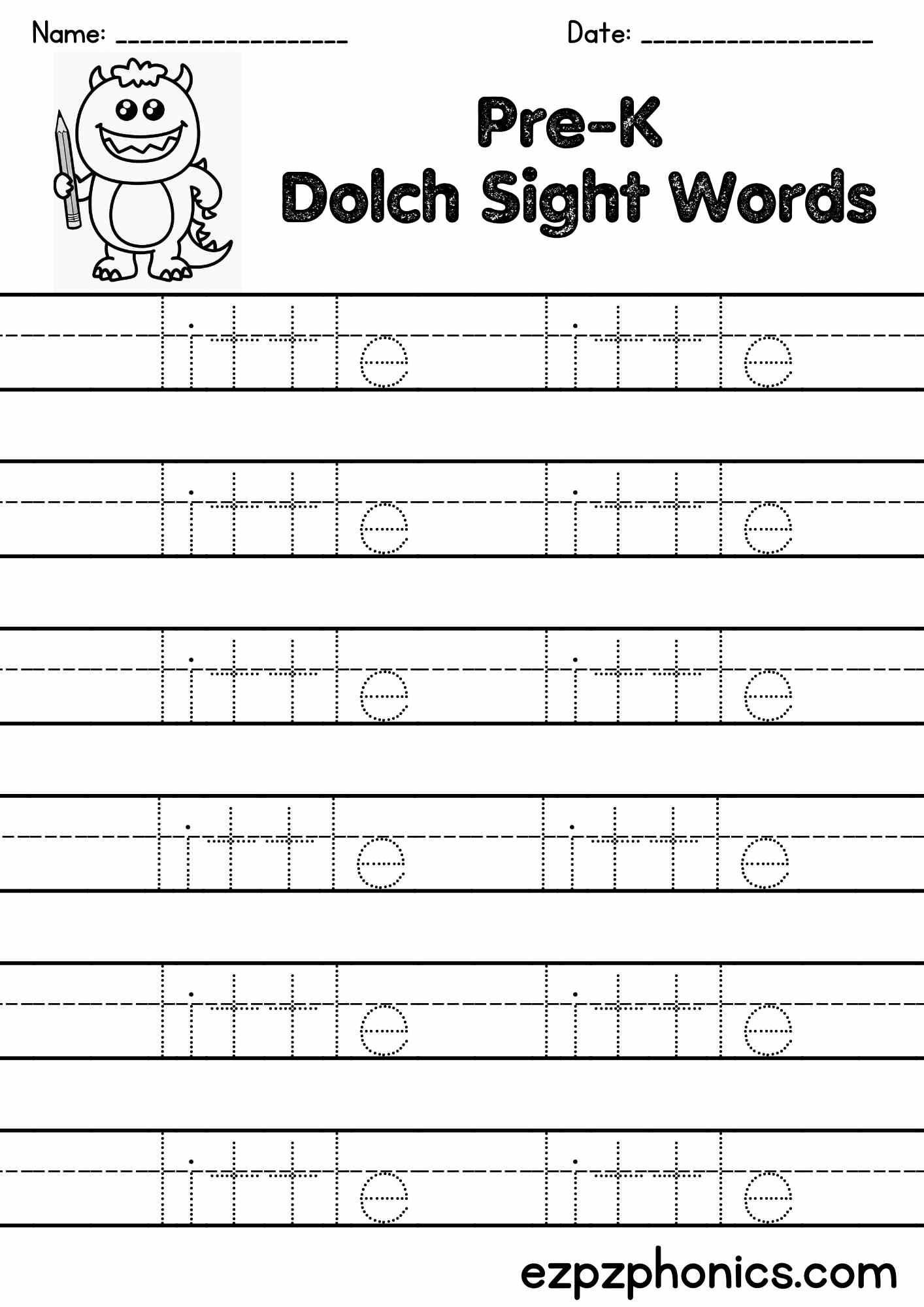 "little" Sight Word Tracing Worksheet Pre Kindergarten – Free PDF Download - ezpzphonics.com